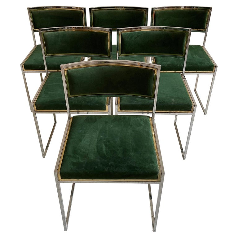 Willy Rizzo Patinated Green Suede Leather Brass Chrome Dining Chairs ...