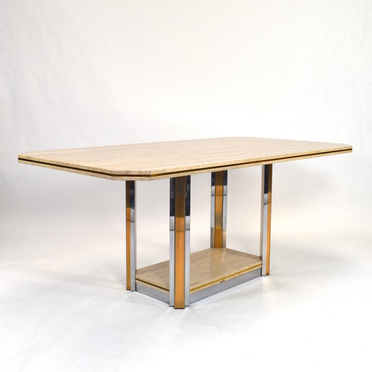 Willy Rizzo Style Dining Set in Travertine, Brass and Chrome, 1970 at ...
