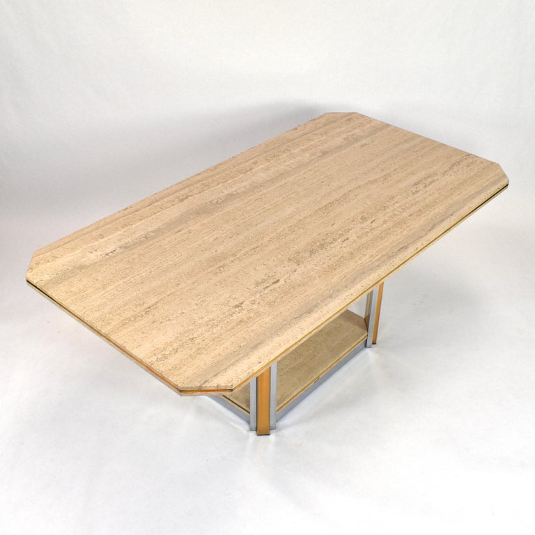 Willy Rizzo Style Dining Set in Travertine, Brass and Chrome, 1970 at ...
