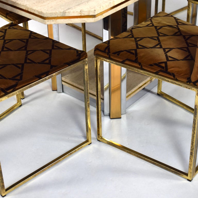 Willy Rizzo Style Dining Table in Travertine, Brass and Gold, 1970 at ...