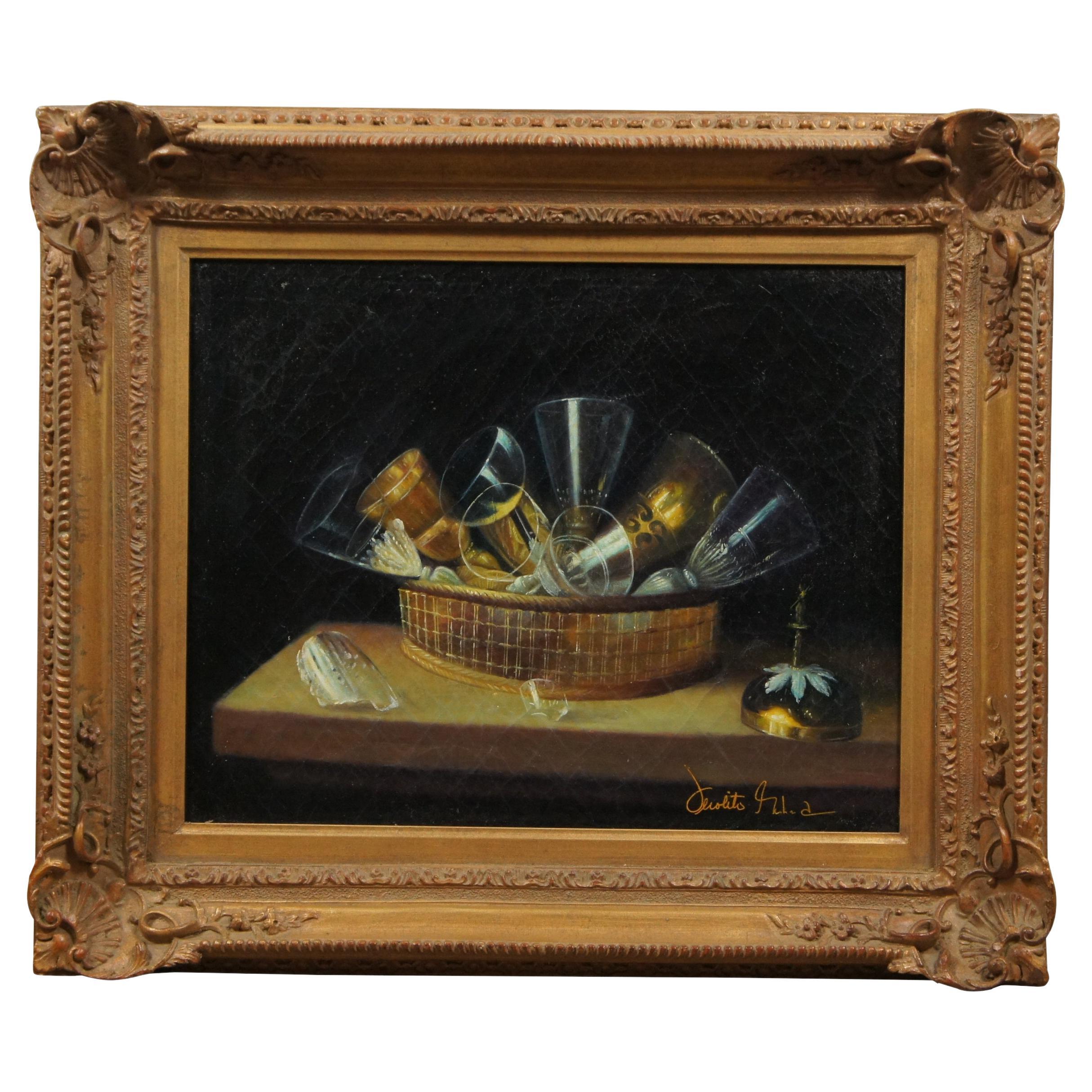 Vintage Still Life Oil Painting of Wine Glasses in Basket Sebastien ...
