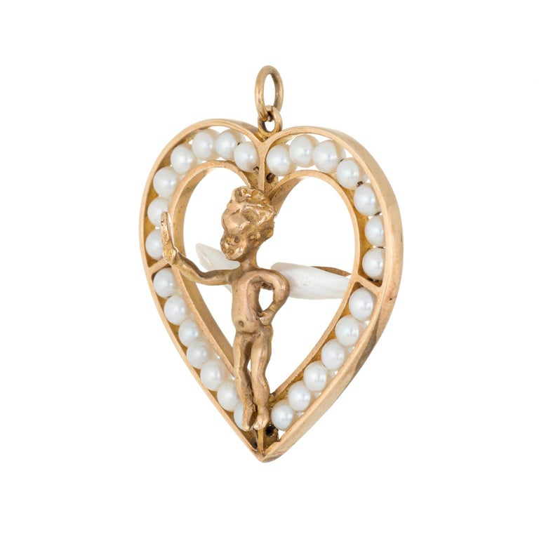 Winged Angel Heart Charm Vintage 14 Karat Gold Cultured Pearl Cherub ...