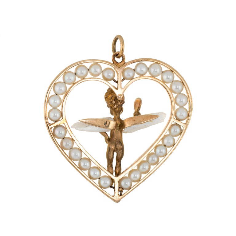 Winged Angel Heart Charm Vintage 14 Karat Gold Cultured Pearl Cherub ...