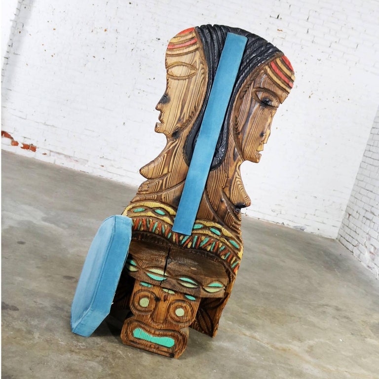 Witco Female Tiki Chair Carved Tiki Females Midcentury Blue Velvet ...