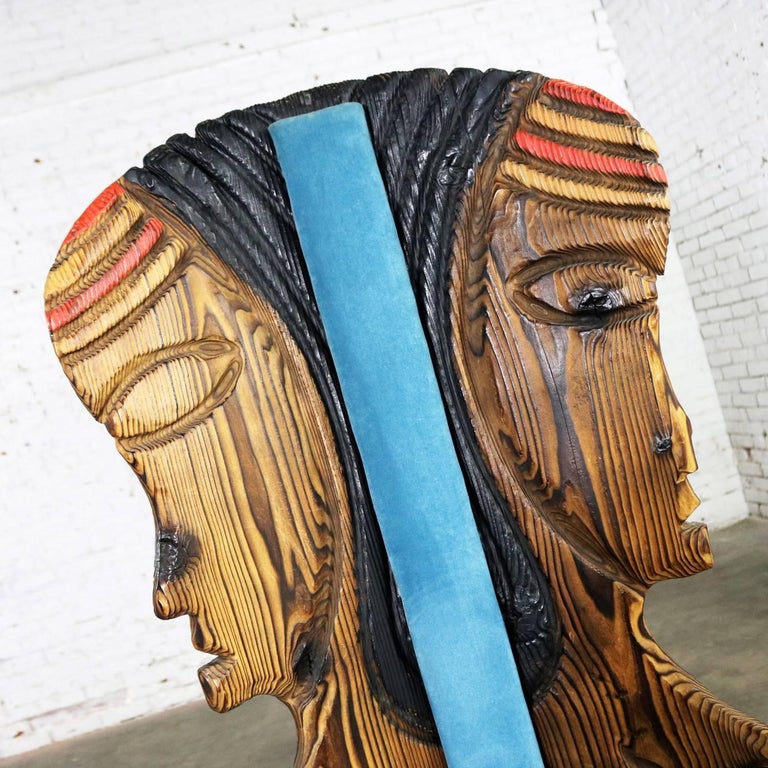 Witco Female Tiki Chair Carved Tiki Females Midcentury Blue Velvet ...