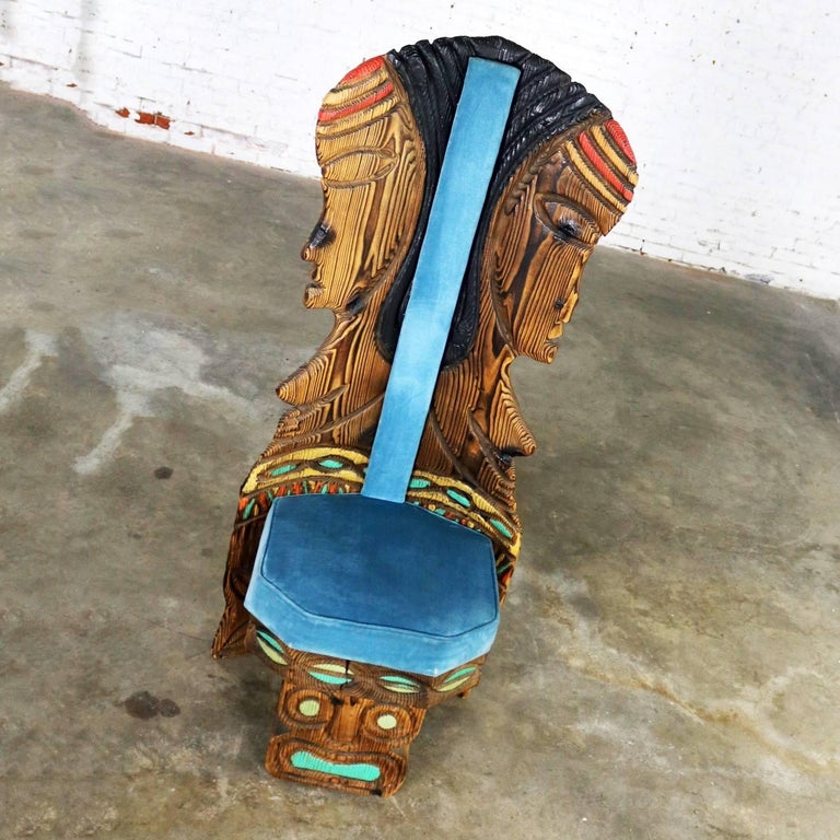 Witco Female Tiki Chair Carved Tiki Females Midcentury Blue Velvet ...