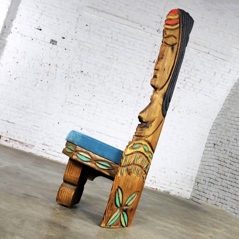 Witco Female Tiki Chair Carved Tiki Females Midcentury Blue Velvet ...