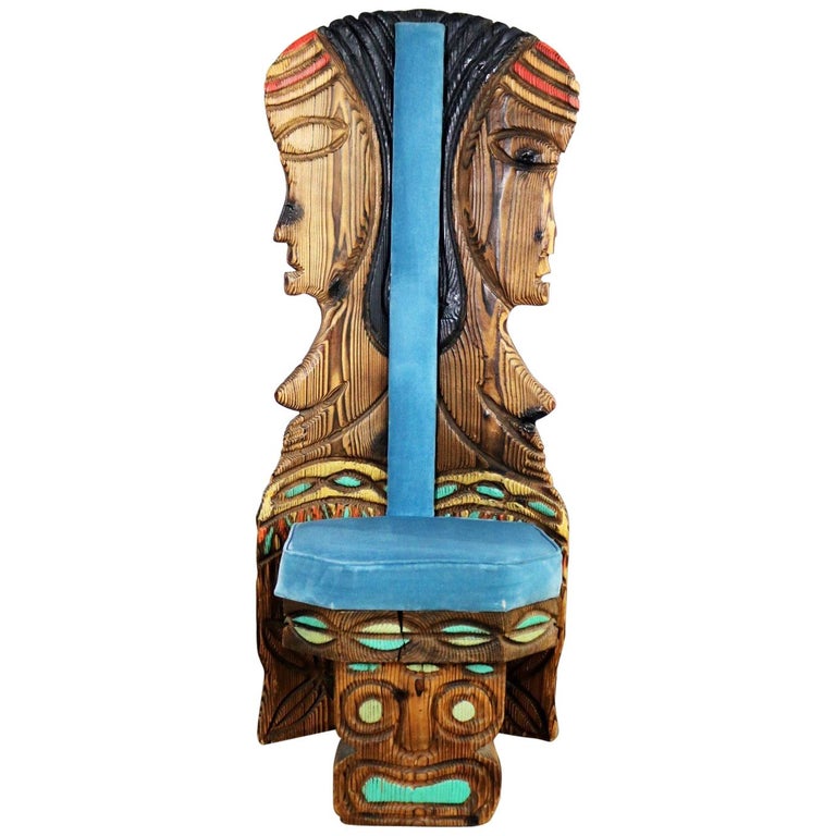 Witco Female Tiki Chair Carved Tiki Females Midcentury Blue Velvet ...