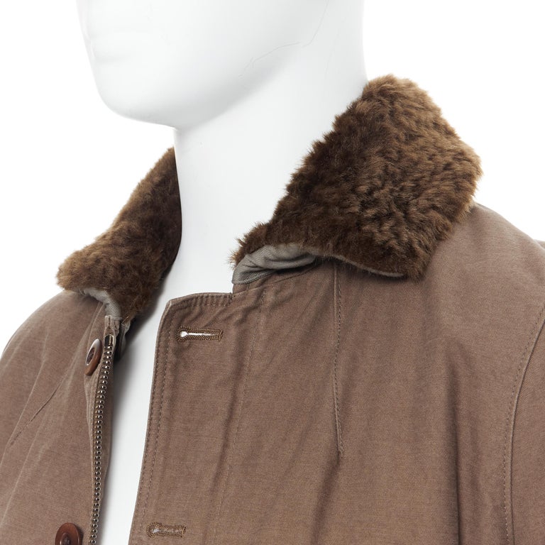 WJK brown faux shearling lined spread collar green washed cotton flight ...