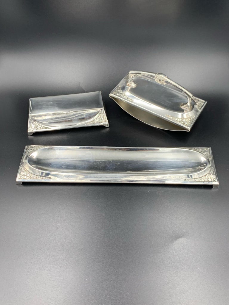 WMF Art Nouveau Silver Plate 3 Piece Desk Set Stamp Holder Blotter Pen ...