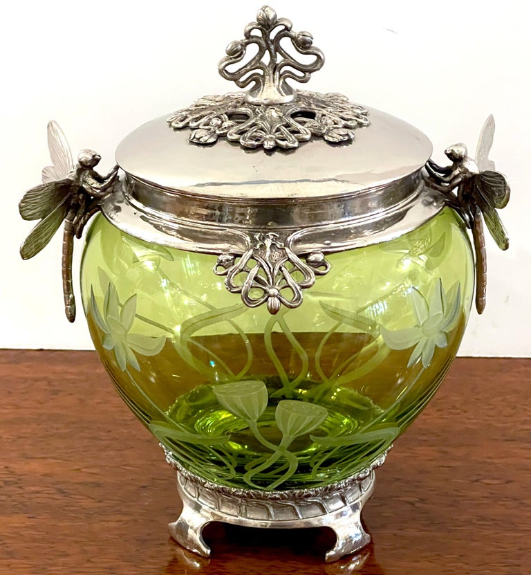 WMF Art Nouveau Silverplated Dragonfly Motif and Engraved Green Crystal ...