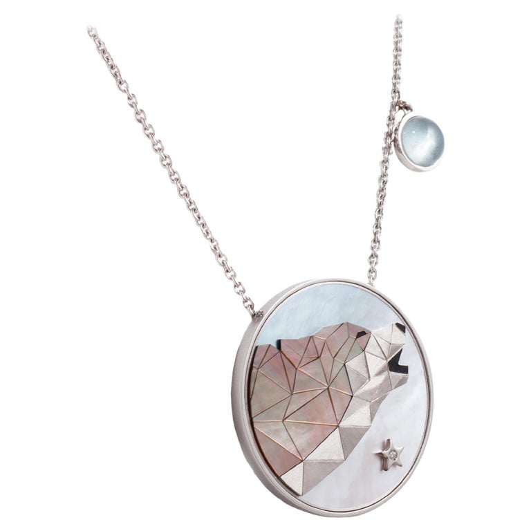 Wolf at the Moon Pendant White 18kt Gold Mother of Pearl, Diamond ...