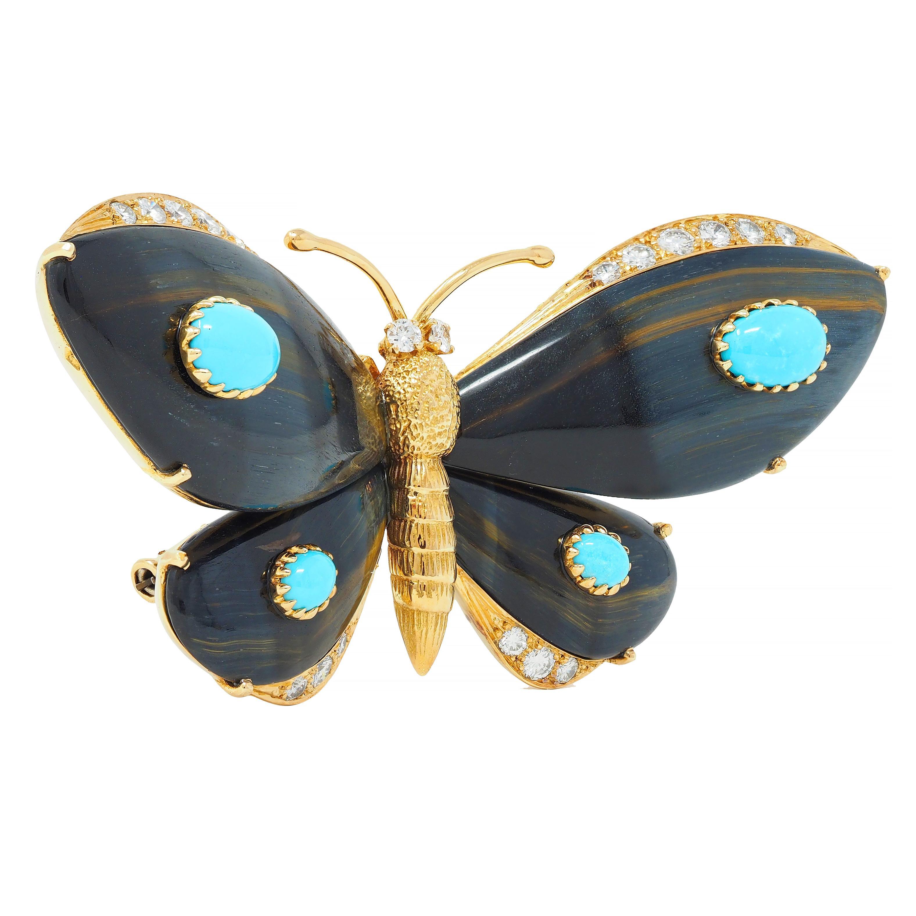 Wolfers French Diamond Turquoise Labradorite 18K Gold Vintage Butterfly ...