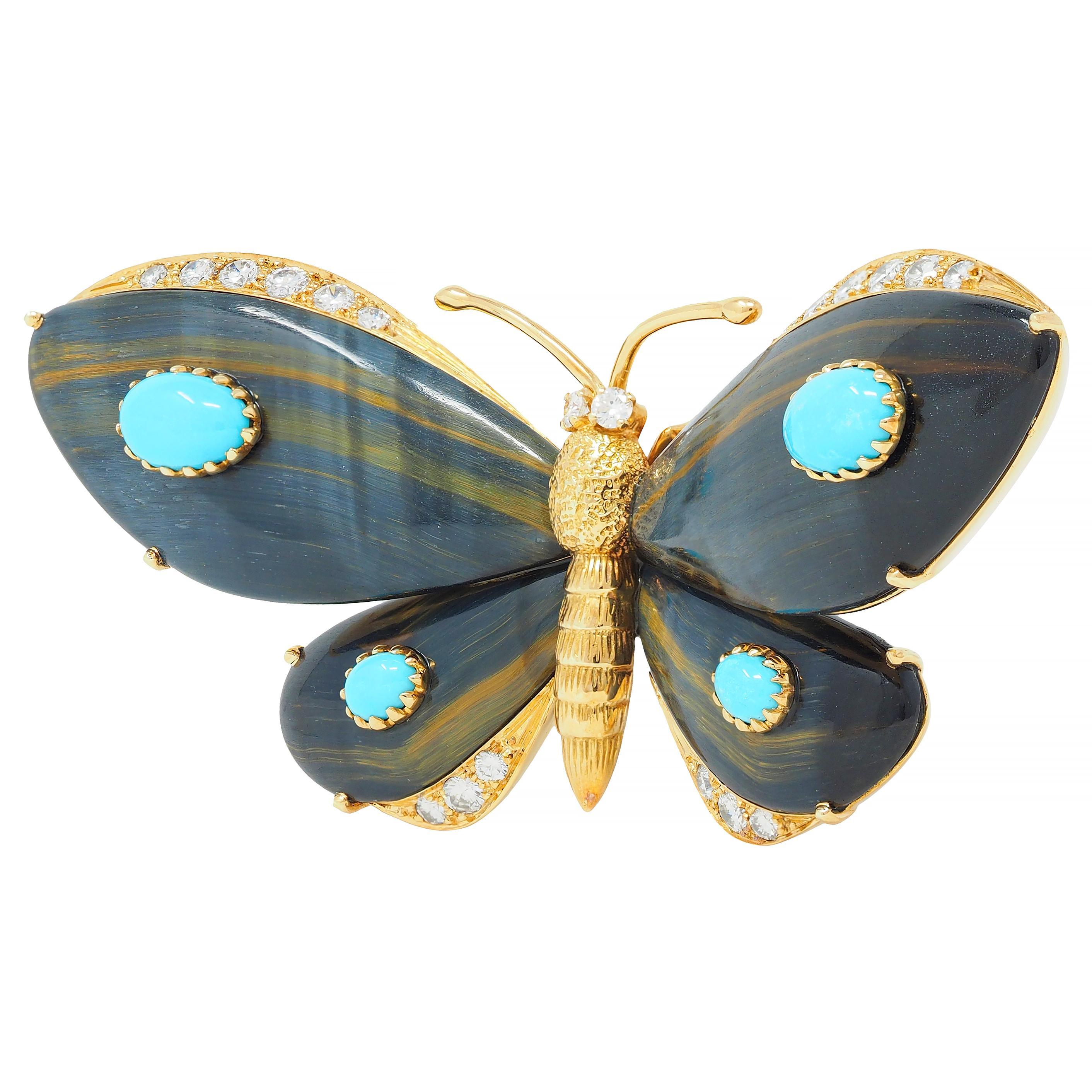 Wolfers French Diamond Turquoise Labradorite 18K Gold Vintage Butterfly ...