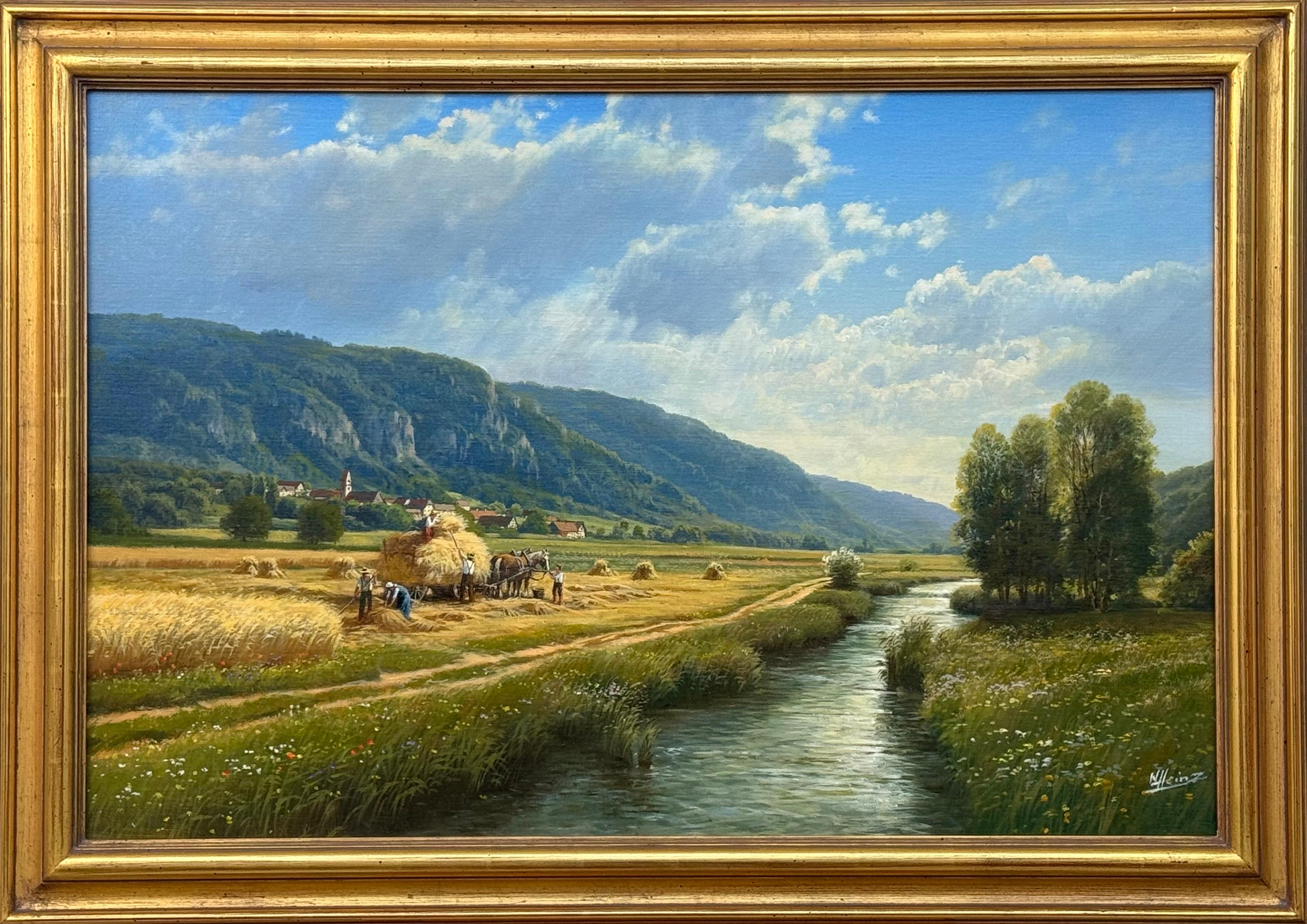 Wolfgang Heinz - Alpine Mountain Farming Scene 20th Century Realist Oil ...