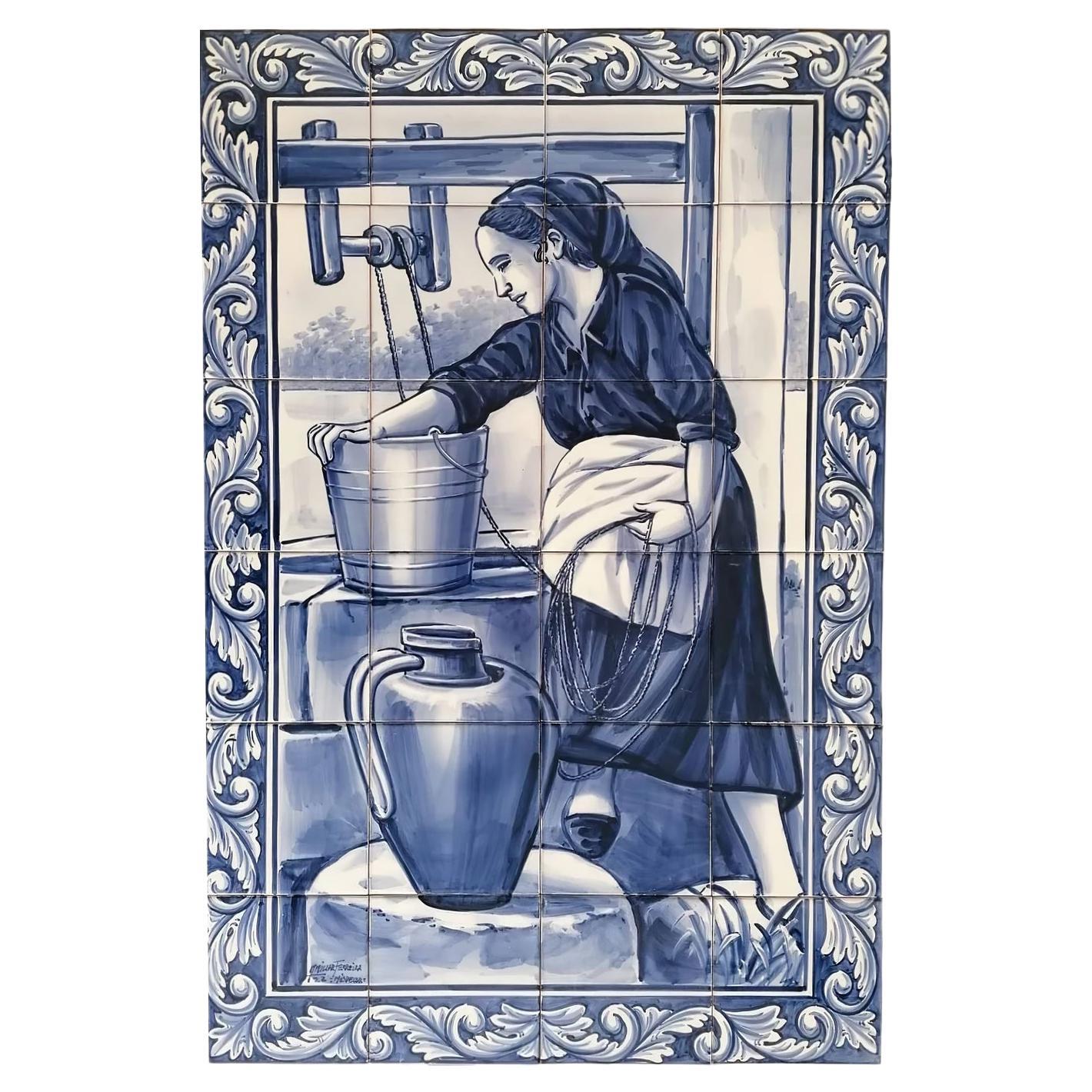 Woman Drawing Water from a Well Tile Mural in Pure Clay and Fine ...