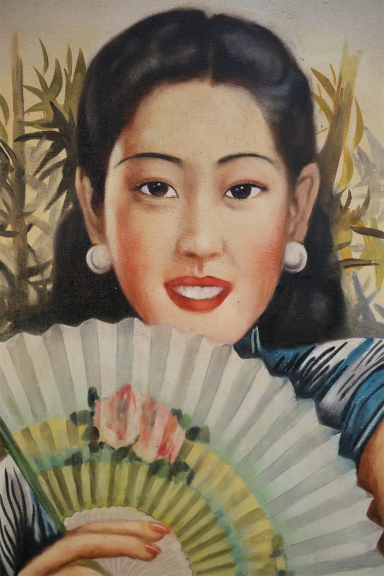 Woman with Paper Fan Portrait Painting on Canvas For Sale at 1stDibs