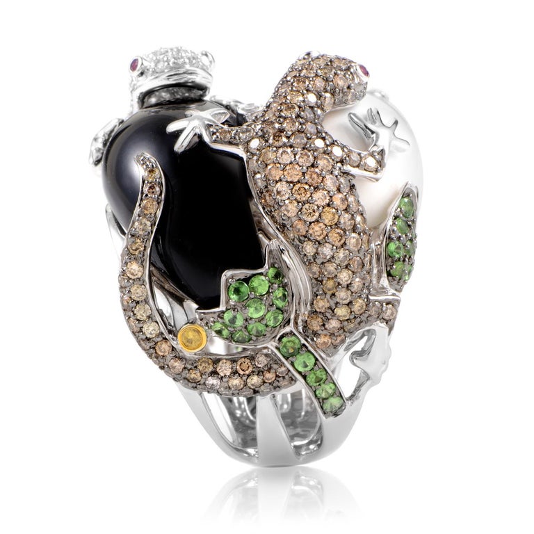 Women's 18 Karat White Gold Diamond Lizard and Gemstone Ring ...