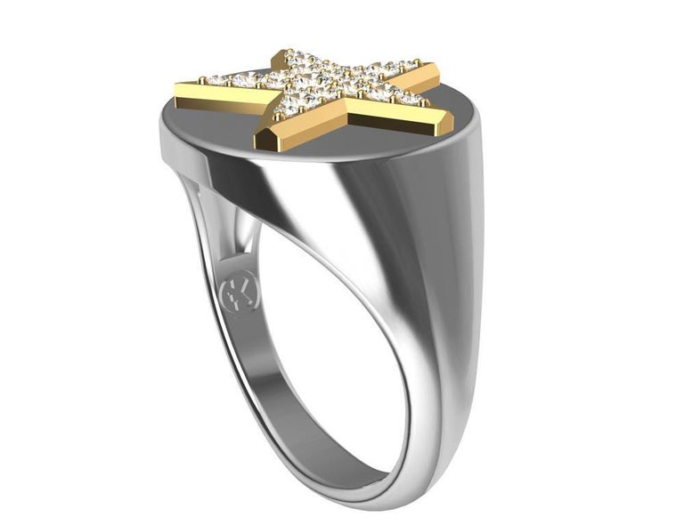 Customizable Platinum and 18 Karat Yellow Gold GIA Diamond Star Signet ...