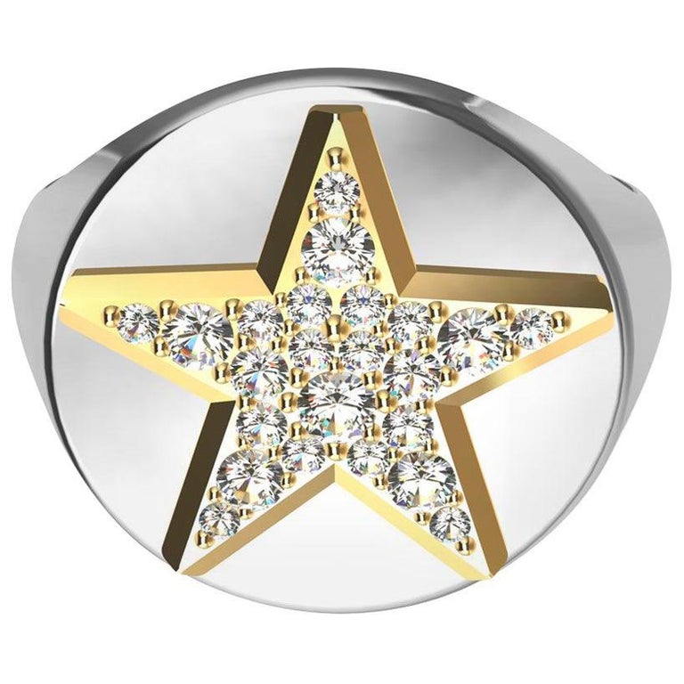 Customizable Platinum and 18 Karat Yellow Gold GIA Diamond Star Signet ...
