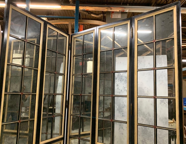 Wonderful Black Lacquered Distressed Mirror 5-Panel Large Room Divider ...