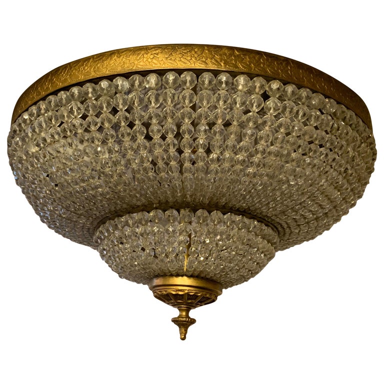 Wonderful Large Beaded Crystal Basket Flush Mount Brass Two-Tier Light ...