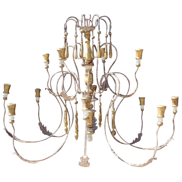 Wonderful Large Italian Gold Giltwood White Wash 12-Arm Modern Rustic ...