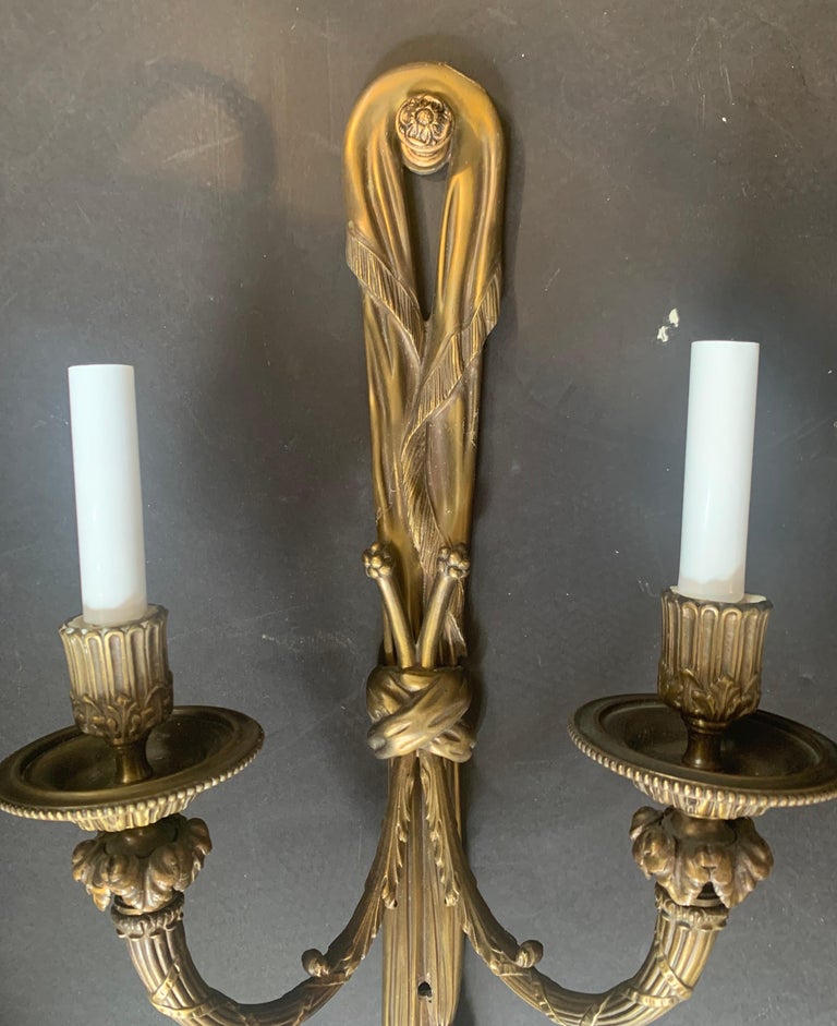 Large Pair of Gilt Bronze E.F. Caldwell Two-Light Ribbon Tassel Sconces ...