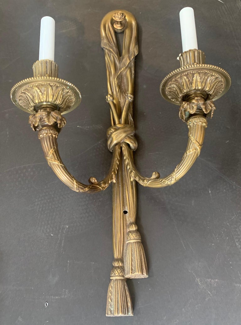 Large Pair of Gilt Bronze E.F. Caldwell Two-Light Ribbon Tassel Sconces ...