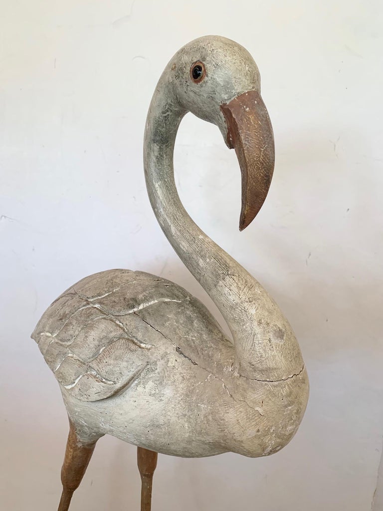 Wonderful Large Pair of Carved Wood Flamingo Sculptures For Sale at 1stDibs