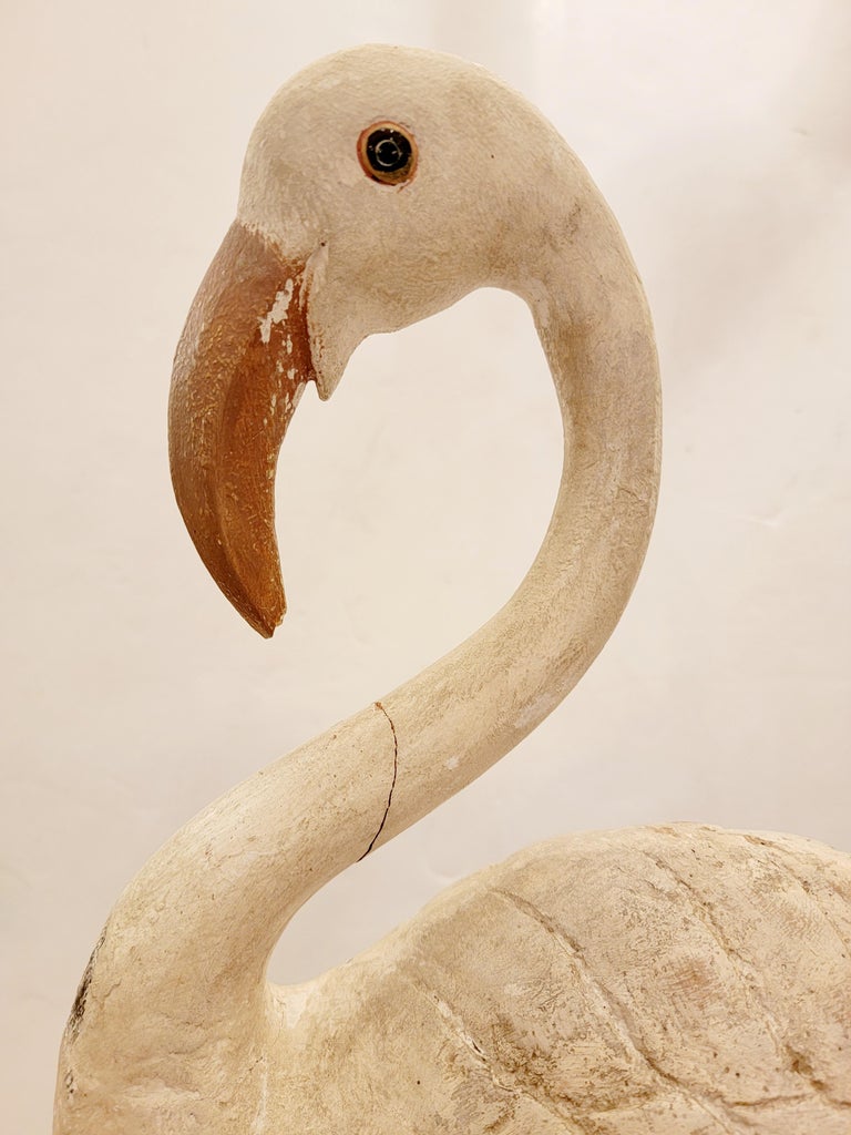 Wonderful Large Pair of Carved Wood Flamingo Sculptures For Sale at 1stDibs