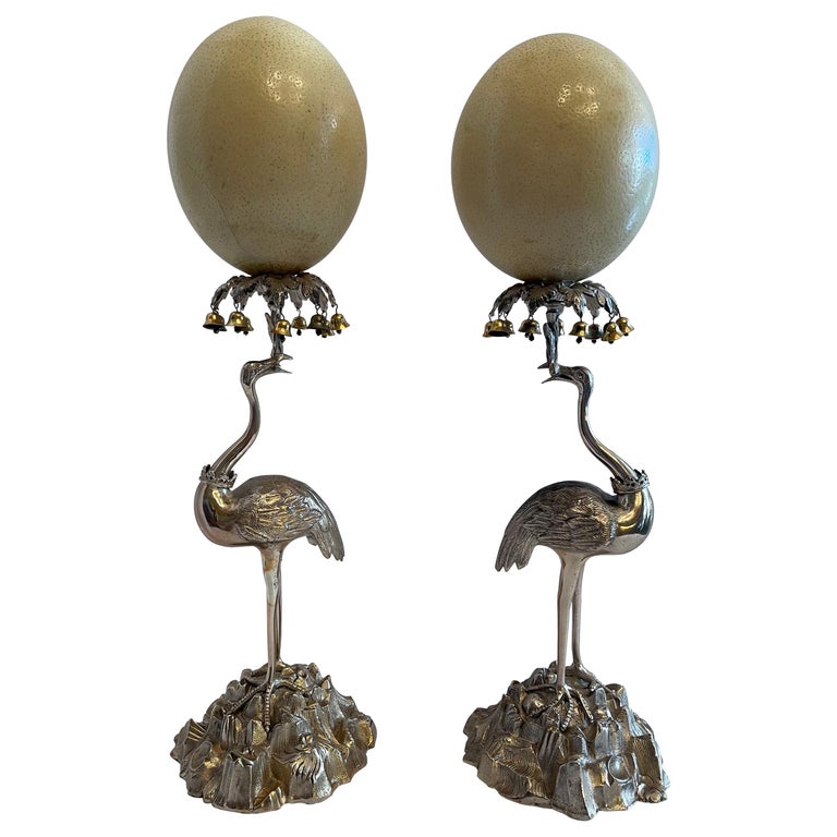 Wonderful Pair of Anthony Redmile Silver Plated Storks Ostrich Eggs ...