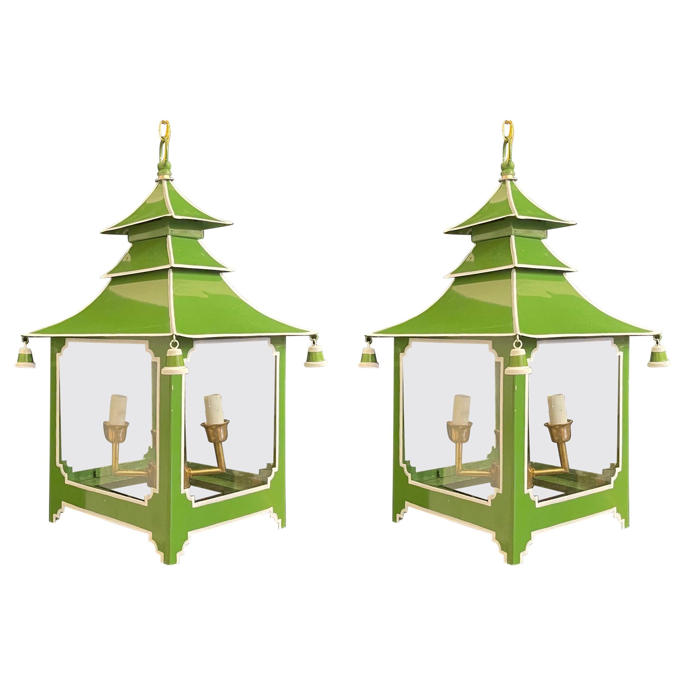 Wonderful Pair Chinoiserie Pagoda Green Enameled White Glass Lantern ...