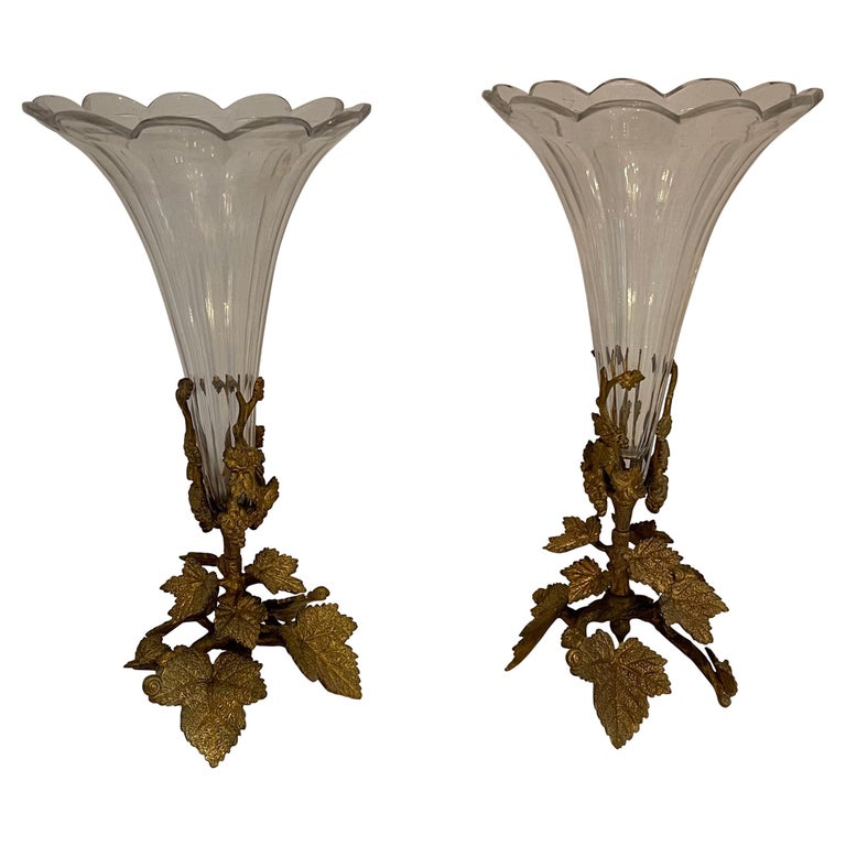 Wonderful Pair French Bronze Foliate Leaf Ormolu Crystal Glass ...