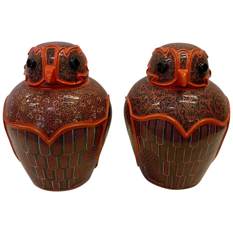 Wonderful Pair of Intricately Hand Painted Burmese Owl Jars at 1stDibs