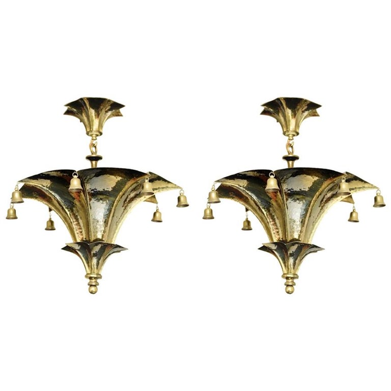 Wonderful Pair of Pagoda Brass Light Fixtures Bells Semi Flushmount ...