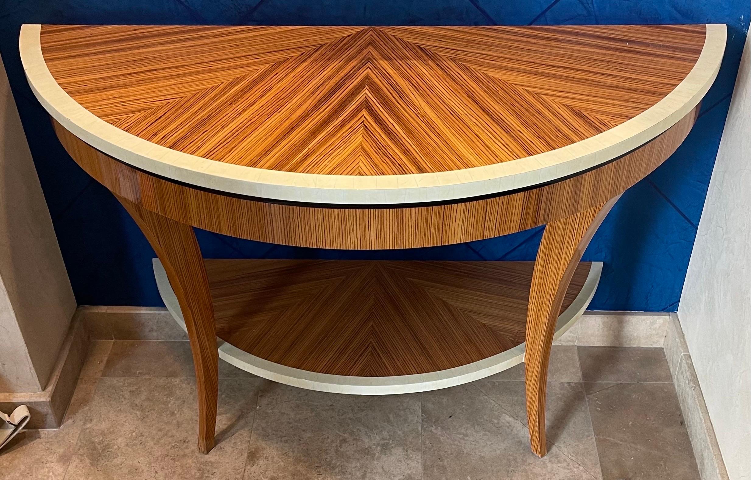 Wonderful Pair Vintage Zebra Macassar Wood Demi-Lune Two Tier Console Tables For Sale at 1stDibs
