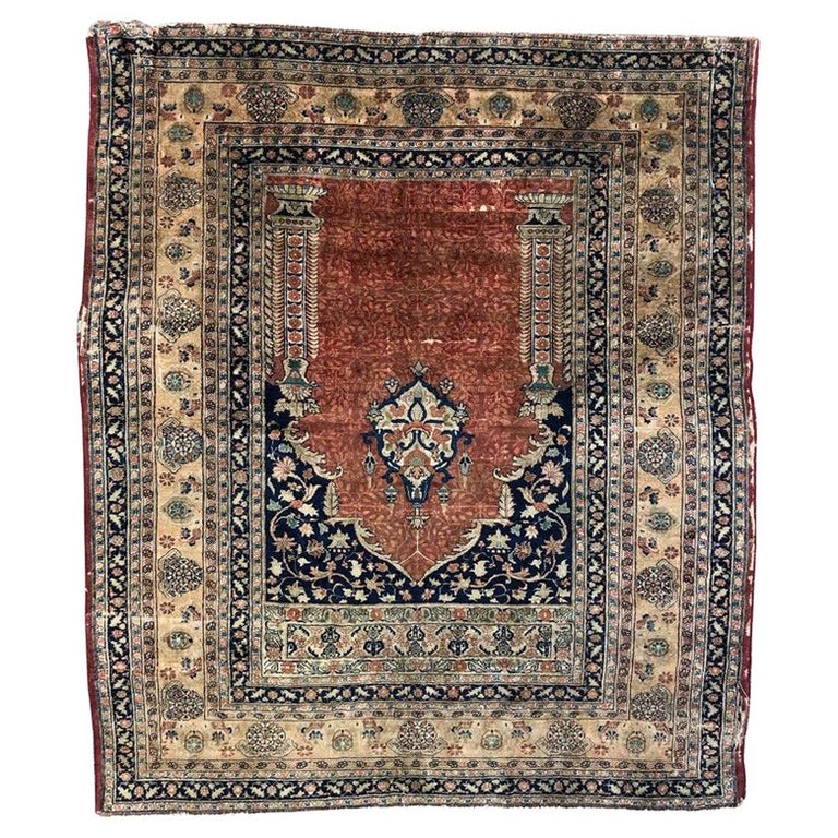 Wonderful Rare Antique Silk Tabriz Prayer Rug For Sale at 1stDibs