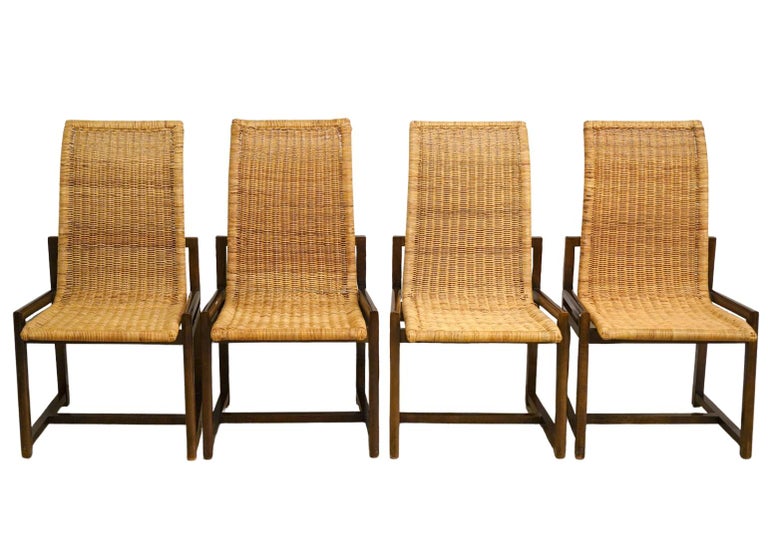 Wonderful Set of 10 High Back Woven Rattan and Beach Wood Dining Chairs ...