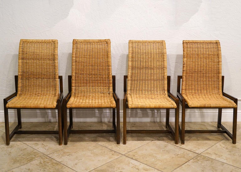 Wonderful Set of 10 High Back Woven Rattan and Beach Wood Dining Chairs ...