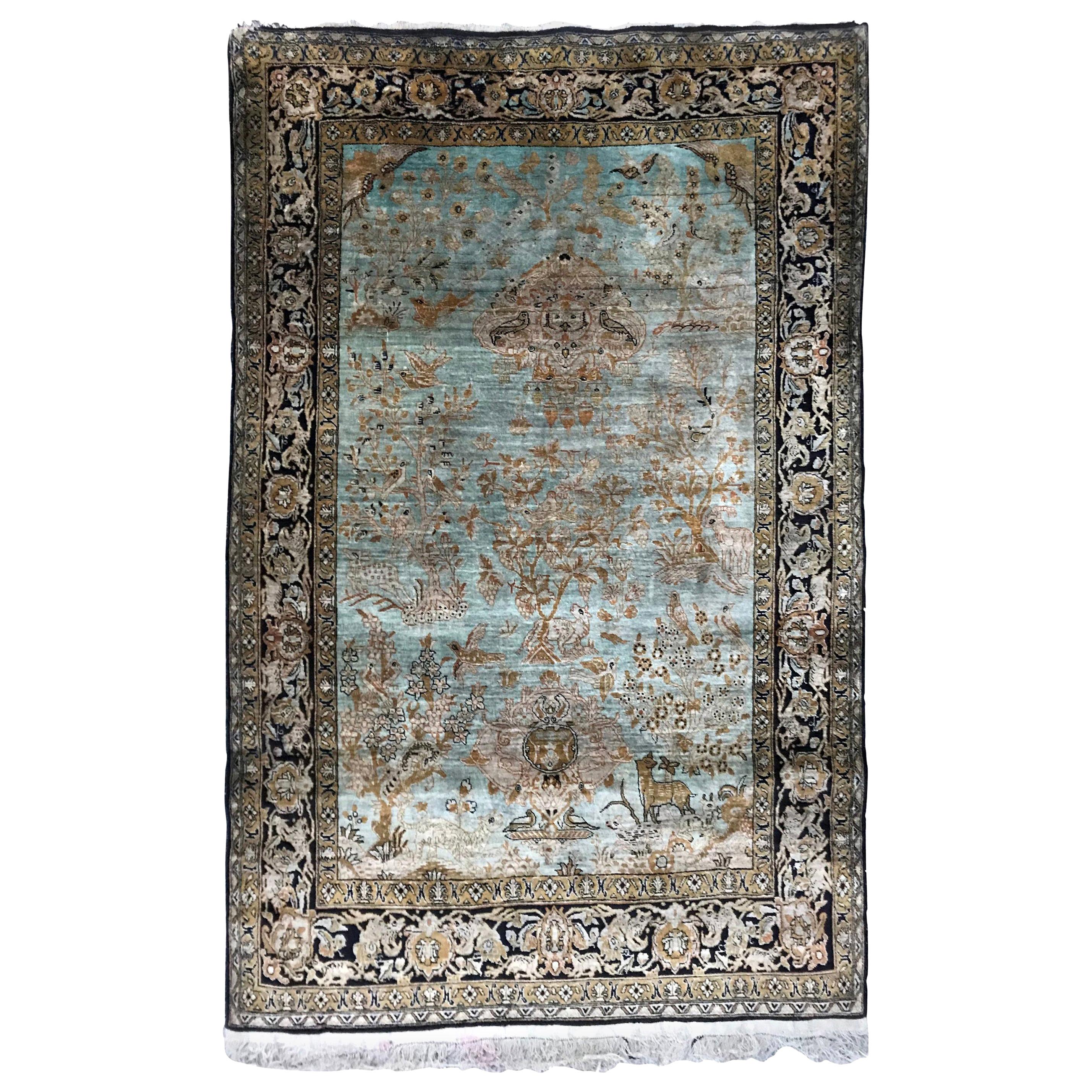 Wonderful Vintage Garden Design Silk Qom Rug at 1stDibs