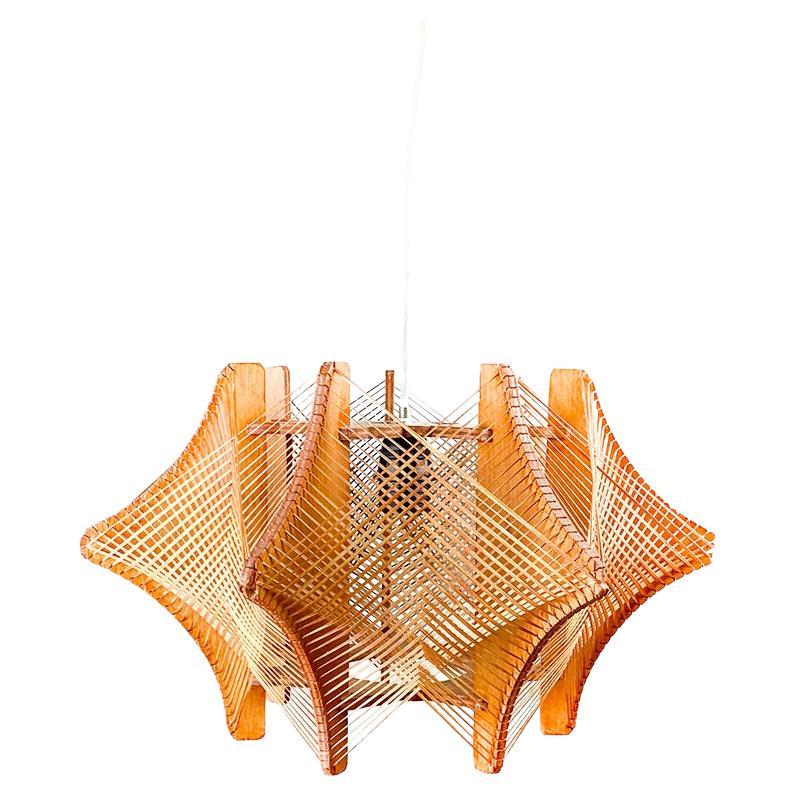 Wood and Raffia Ceiling Lamp, 1980's For Sale at 1stDibs