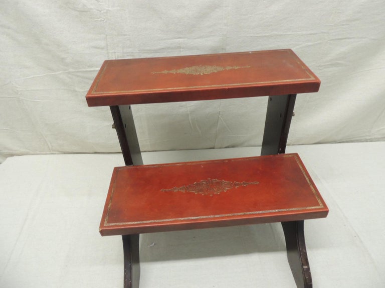 Wood and Red Leather Library Step with Brass Handles by Sarreid Ltd For ...