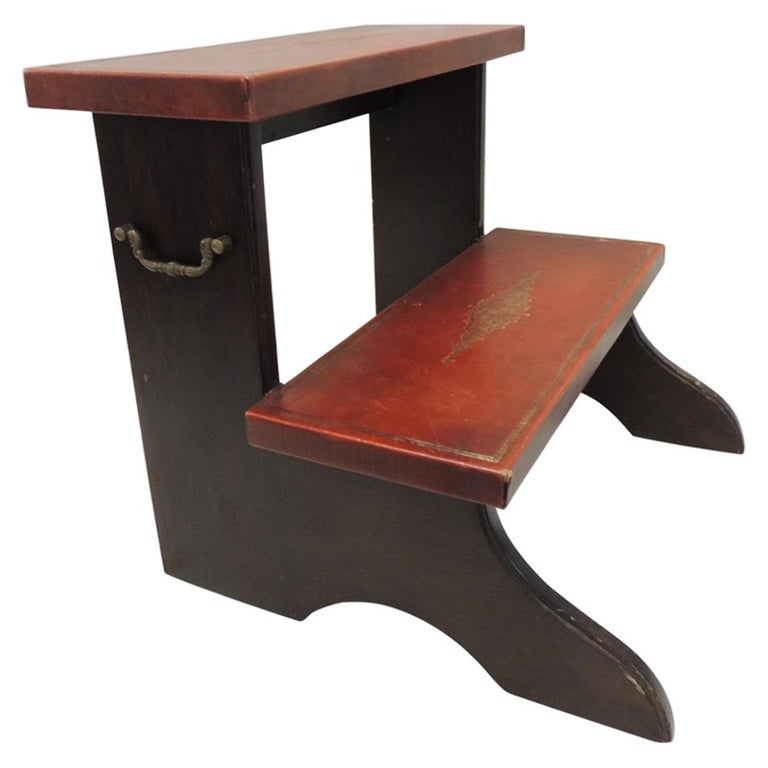 Wood and Red Leather Library Step with Brass Handles by Sarreid Ltd For ...