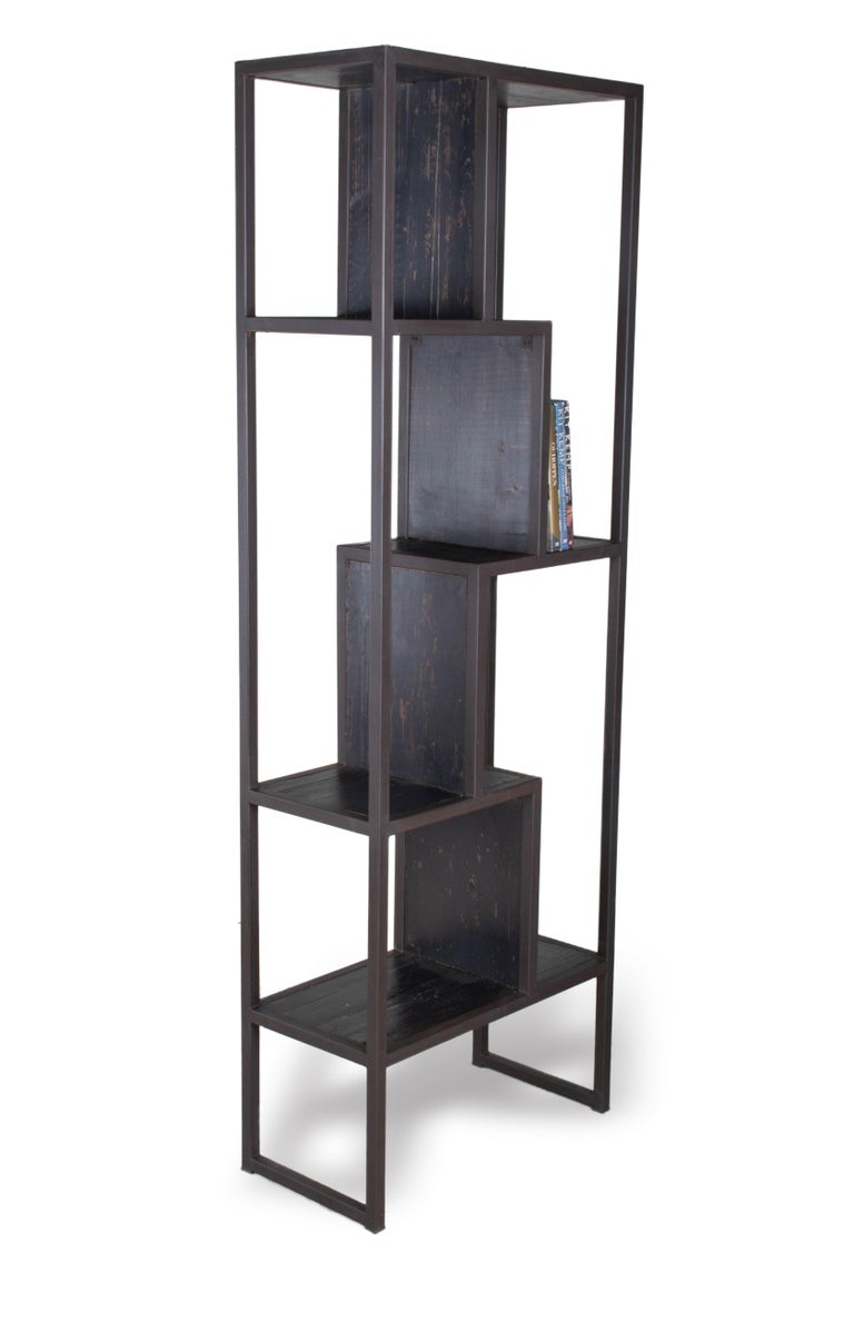 Wood and Steel Offset Bookshelf For Sale at 1stDibs