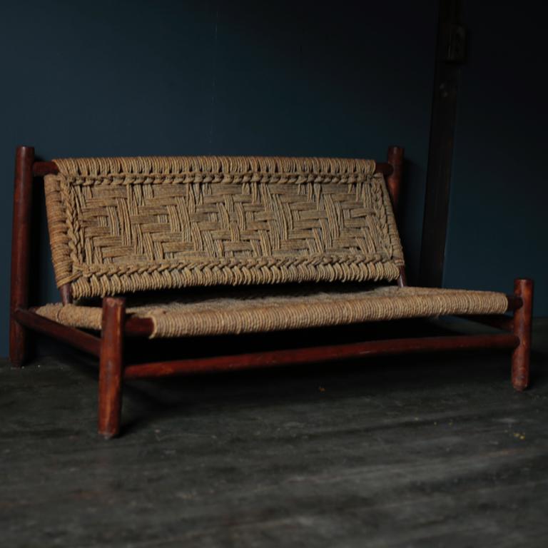 Wood and Woven Rope Bench by Audoux-Minet at 1stDibs