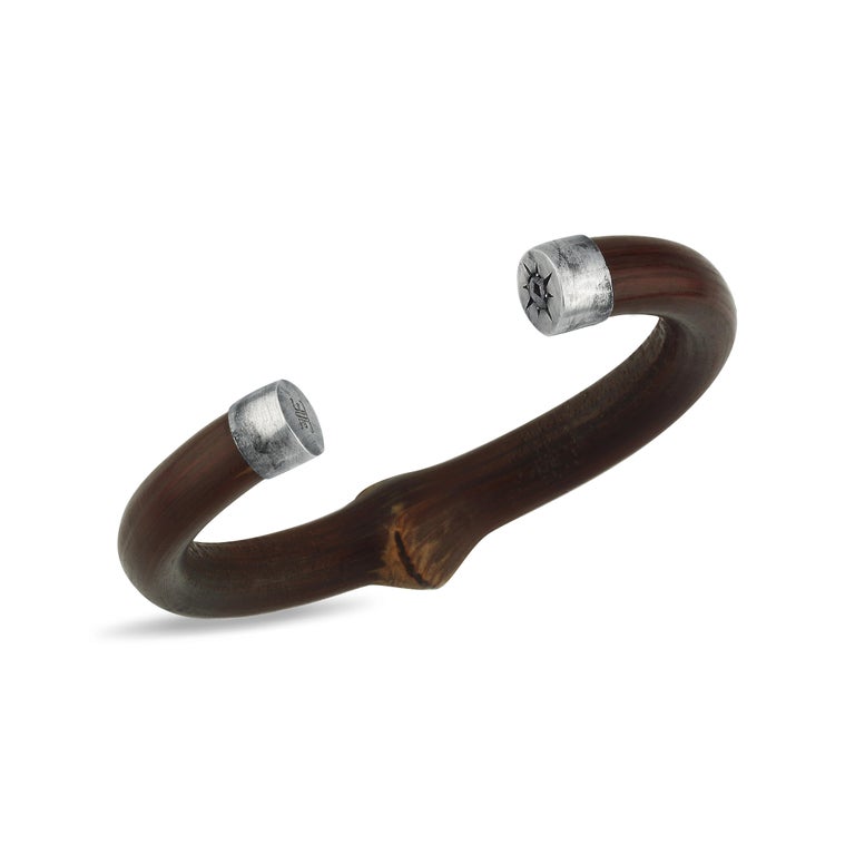 Oxidised Silver Wood Cuff Bangle with Diamond For Sale at 1stDibs