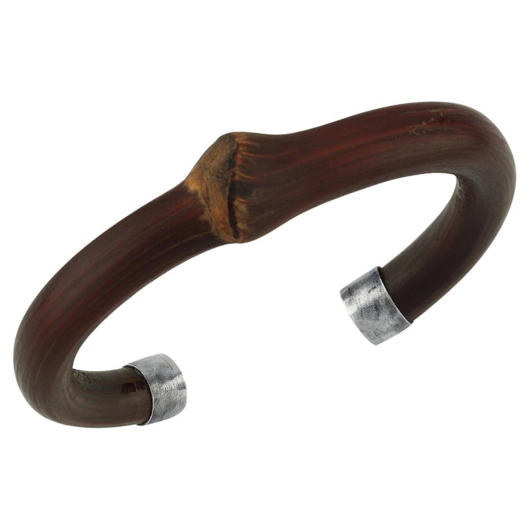 Oxidised Silver Wood Cuff Bangle with Diamond For Sale at 1stDibs