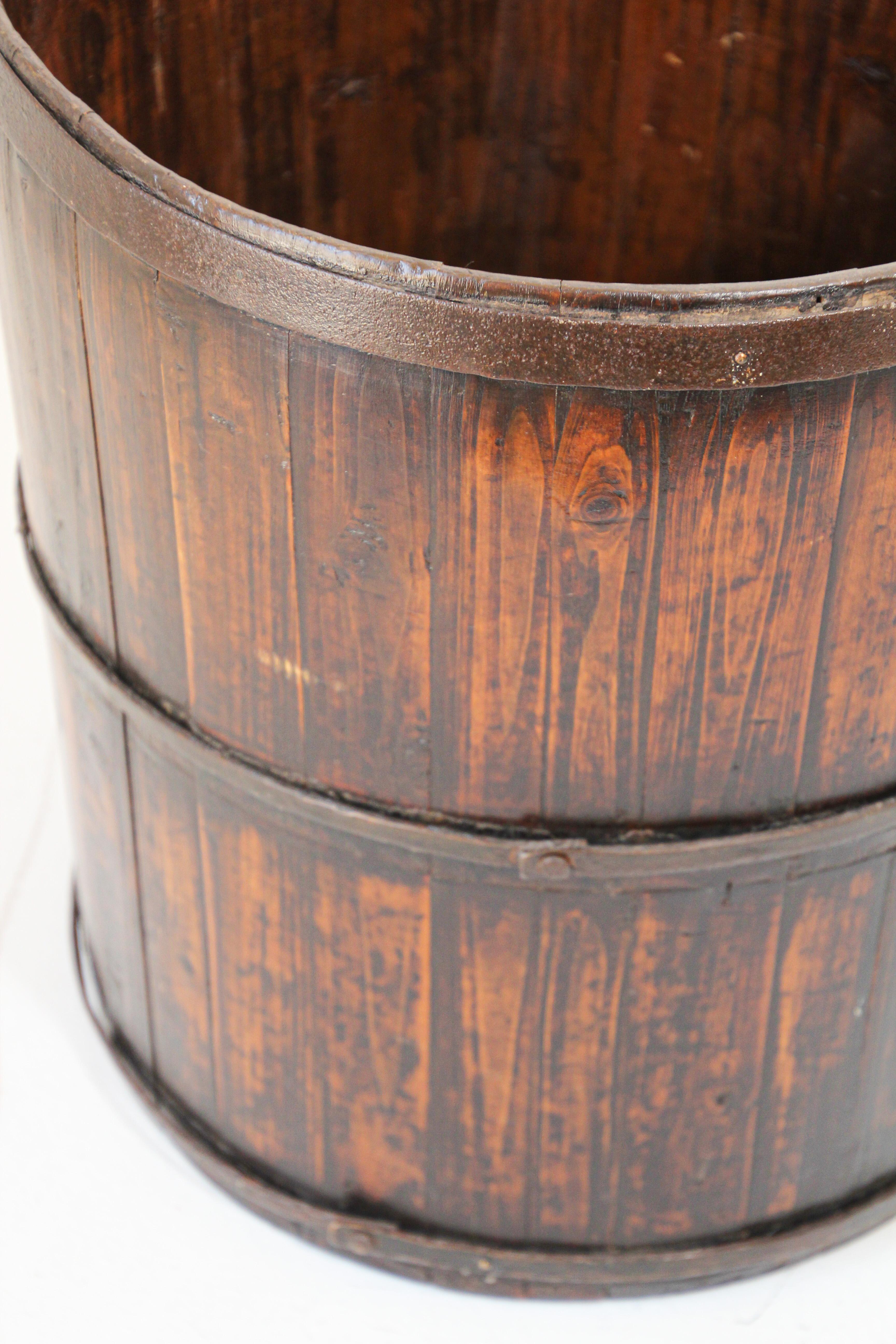 Asian Chinese Export Wood Bucket with Wrought Iron Bands at 1stDibs