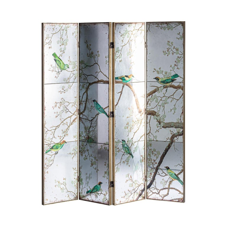Wooden and Mirror Folding Screen Divider at 1stDibs